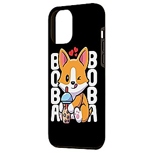 iPhone 12 Pro Max Kawaii Boba Dog Corgi Tea Drink Cute Anime Bubble Tea Heart Case