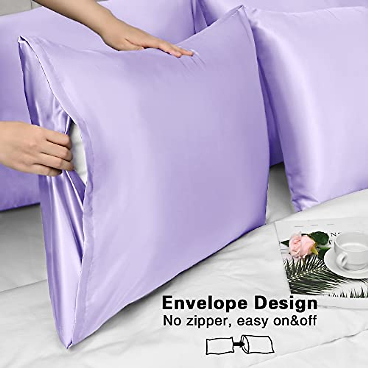 Satin Pillowcase for Hair and Skin, 2 Pack Lavender Silk Pillowcase Queen Satin Pillowcases with Envelope Closure(Lavender,20x30 inches)