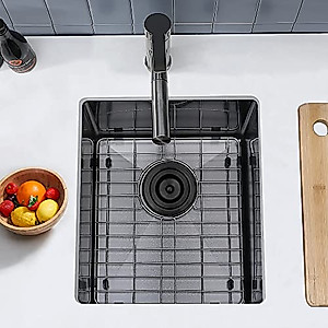 Comllen 15 x 17 inch Black Bar Sink Undermount，Black Stainless Steel Wet Bar Prep Sink Small Kitchen Sink Single Bowl RV Sink with Bottom Grid and Strainer-KYL001B