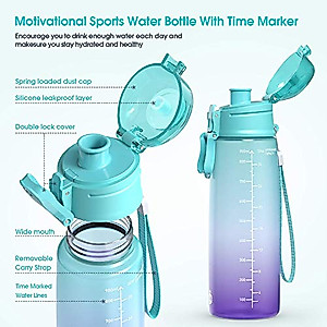Y&3 32oz Motivational Fitness Sports Water Bottle With Time Marker, BPA Free Tritan Plastic, Leakproof Flip Top, For Gym, Outdoor, Office Work (Green/Purple Gradient, 32oz)