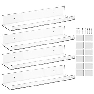 LUOBAO Acrylic 15" Invisible Floating Wall Ledge Display Shelves,Floating Wall Bookshelf,Nail Polish Rack,Wall Mounted Shelf,Clear (4 Pack - 4mm)