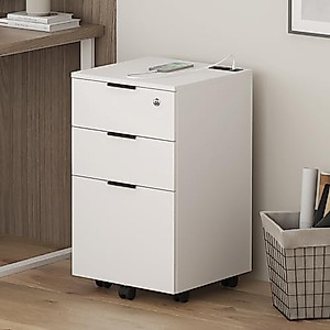 GOSROMS 3 Drawer File Cabinet with Lock & Charging Station, Wooden Move File Cabinet with Wheels, for Home Office, A4/Letter Size Files Under Desk - White