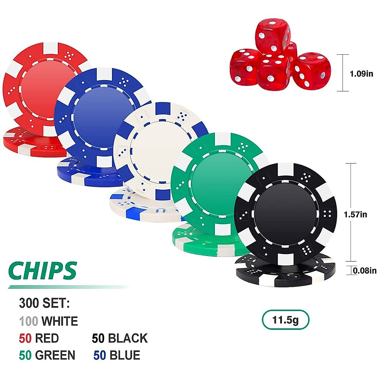 RAYWER 300 pcs Casino Chip Poker Set in Aluminum Case (11.5 Gram Chips), 2 Decks of Cards, 5 Dice, 3 Buttons for Texas Holdem Blackjack
