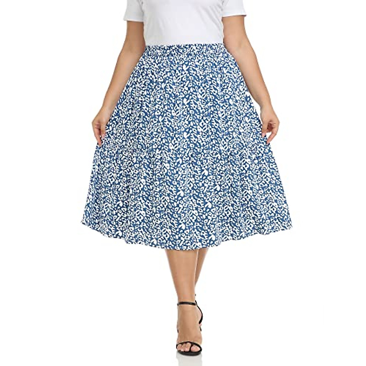 Classic Plus Size Skirts for Women Stretch Pleated Midi Skirt (2X,Leopard)