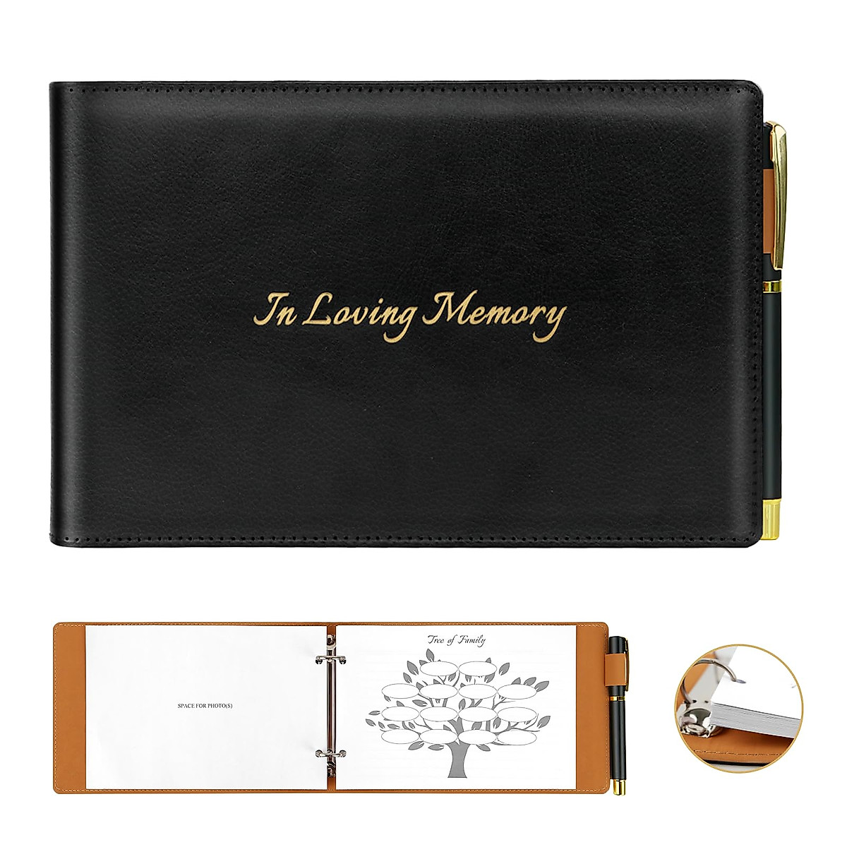 Funeral Guest Book for Memorial Service, Black Leather Celebration of Life Guest Book with Pen, 120 Pages Loose-leaf In Loving Memory Funeral Registry Sign in Book for Mourning Honoring Loved Ones