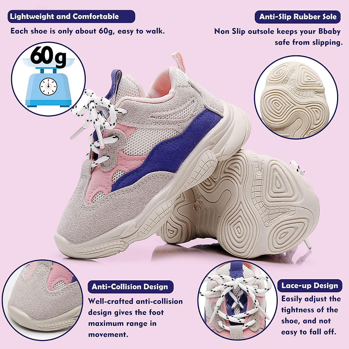 HONGTEYA Baby/Toddler Boys Girls Sneakers Running/Walking Tennis Shoes for Kids Girls Strap Athletic Shoes (Purple Size 6).