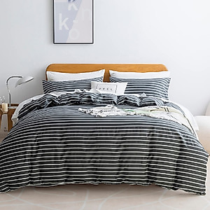 JELLYMONI 100% Natural Cotton 3pcs Striped Duvet Cover Sets, Dark Grey Duvet Cover with White Stripes Pattern Printed Comforter Cover, with Zipper Closure & Corner Ties(King Size)