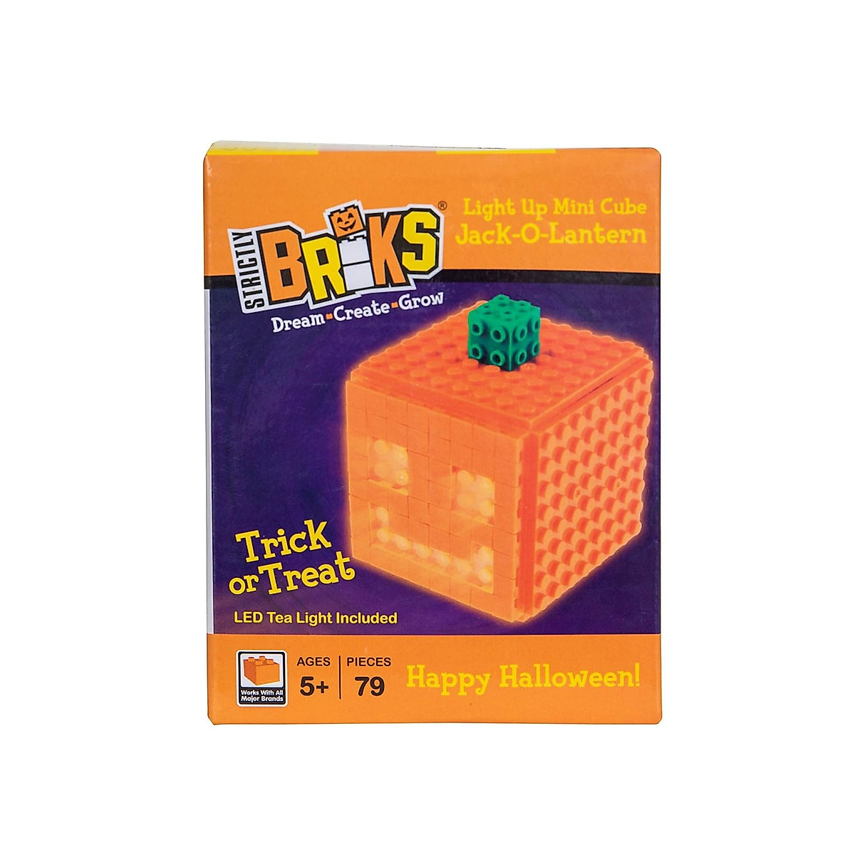 Strictly Briks Compatible with Lego 3D Toy Building Bricks & Blocks, Light Up Mini Cube Jack-O-Lantern, 79 Pieces with LED Light, Halloween Brick Construction Set, Compatible with All Major Brands