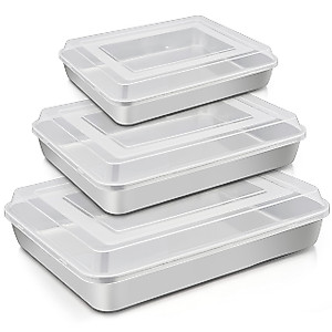 TeamFar Lasagna Pan(3 Pan & 3 Lids), 12⅖” & 10¼” & 9⅖” Cake Pan with Lids, Rectangular Baking Pan Stainless Steel Bakeware Set for Lasagna Cake Brownie, Healthy & Sturdy, Dishwasher Safe