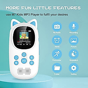 32GB MP3 Player for Kids, 90H Long Battery Life Kids Mp3 Player with Bluetooth 5.0, Oilsky Music Player with FM Radio, HD Speaker, Voice Recorder, Expandable up to 128GB, White & Blue
