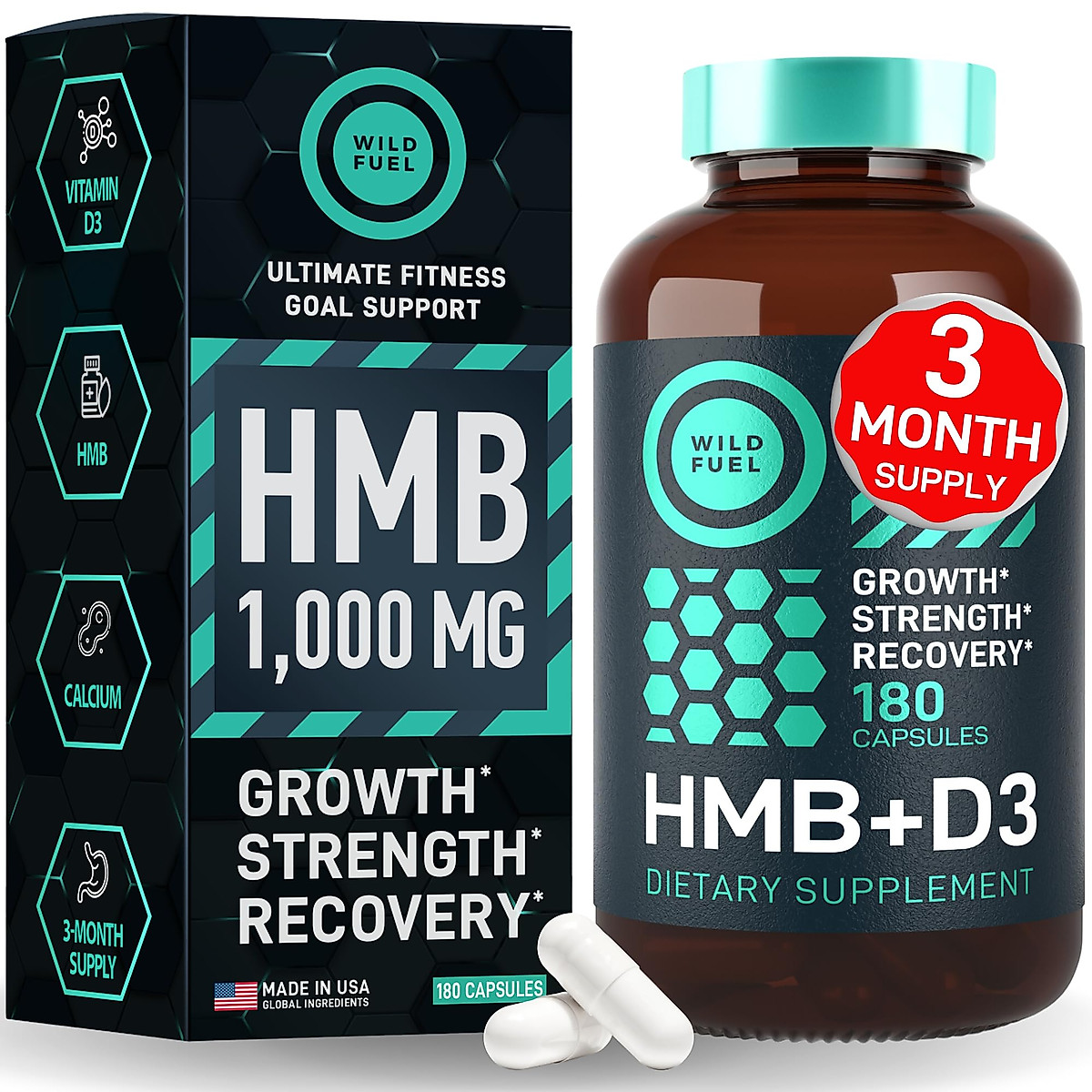 HMB Supplements for Men & Women with Vitamin D3 - 3-Months Supply, 1,000 MG Calcium beta-Hydroxy beta-methylbutyrate per Serving for Muscle Growth, Strenghth and Fast Workout Recovery - 180 Capsules