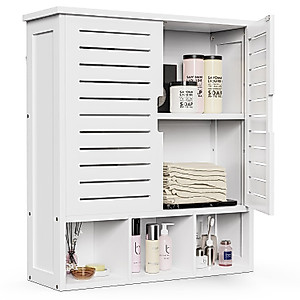 BAMBOOHOMIE Bathroom Wall Cabinet, Bamboo Medicine Cabinet Wall Mounted with 2 Doors & Adjustable Shelf, Over The Toilet Storage Cabinet for Bathroom Laundry Room Kitchen (White)