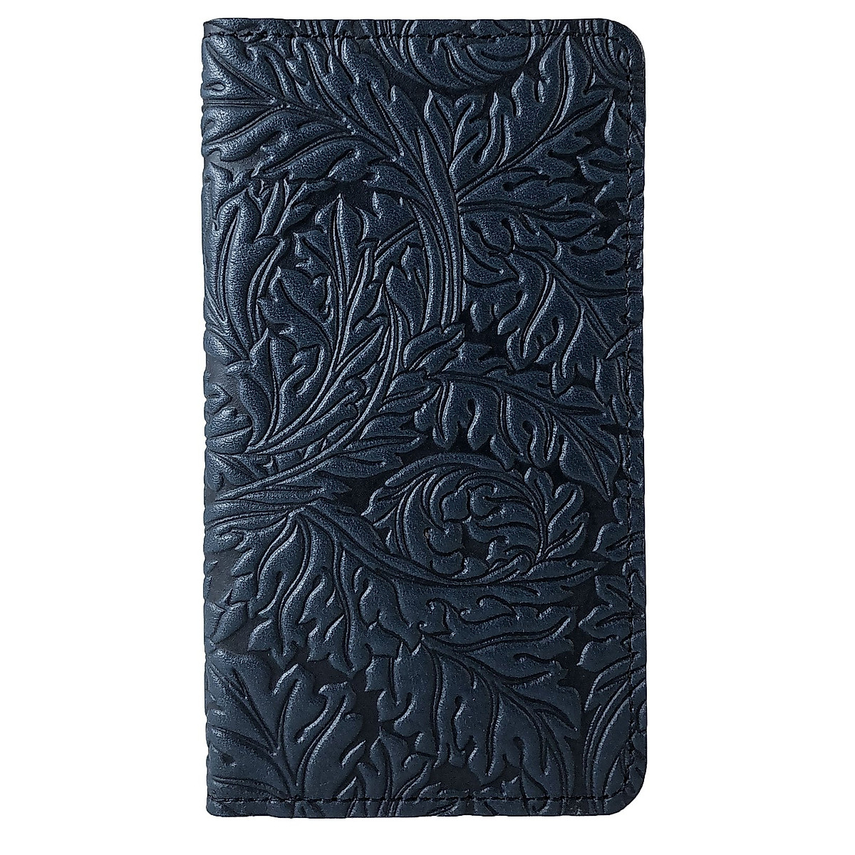 Oberon Design Acanthus Leaf Embossed Genuine Leather Checkbook Cover, 3.5x6.5 Inches, Navy Blue, Made in the USA
