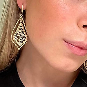 ALLISON ROSE ATELIER – Women's Boho Dangle Earrings – Worn Gold Plating with Filigree Design Medallion in a Chandelier Shape – 2.36” Length. Lightweight Bohemian Dangle Earrings for Women