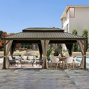 DHPM Outdoor Living 12’x18’ Hardtop Gazebo, Wooden Coated Aluminum Frame Canopy with Galvanized Steel Double Roof, Outdoor Permanent Metal Pavilion with Curtains and Netting for Patio, Deck and Lawn
