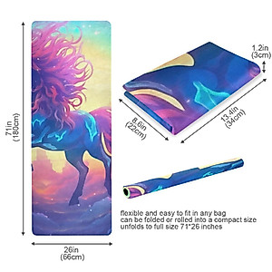 GOODOLD Rainbow Unicorn Yoga Mat, 71 x 26 Inch Non-slip Yoga Mats Folding Travel Exercise Mat Indoor Outdoor Gym Pilates with Storage Bag for Women Men