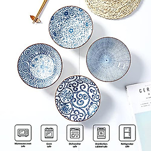 YALONG 8 Inch 40 Ounce Ceramic Bowls for Kitchen Deep Soup Pho Bowls, Blue White Large Porcelain Salad Bowls Set for Ramen Pasta Cereal Dessert Stackable Deep Noodle Serving Bowls Set of 4 for Gift