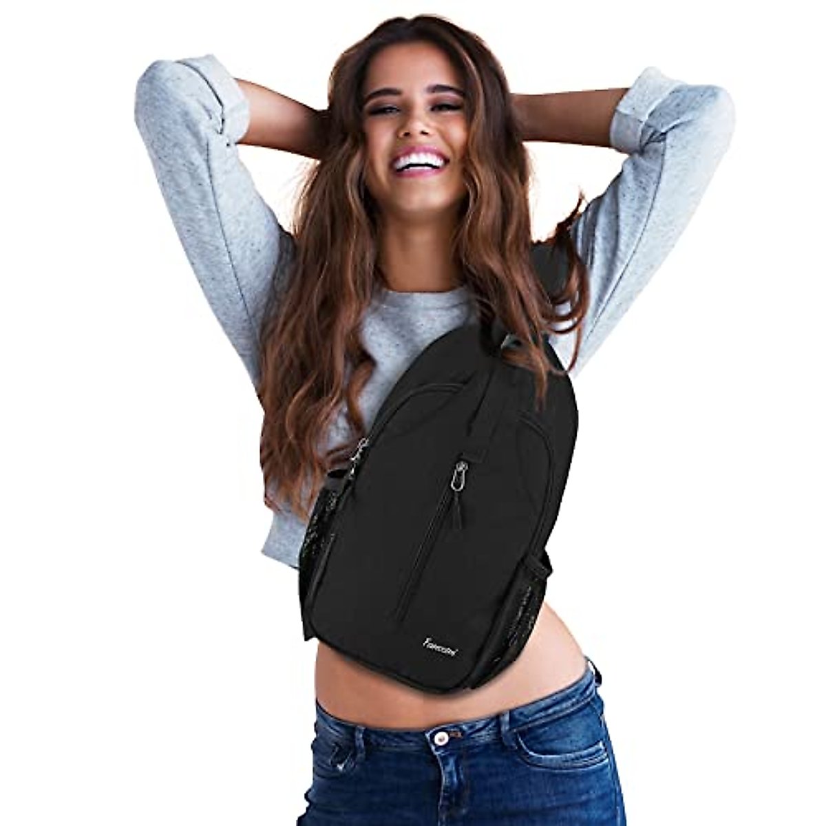 Fancosni Crossbody Sling Bags for Women Men, Black Sling Backpack, Lightweight Shoulder Bag, Multipurpose Sling Bag for Travel, Hiking, Shopping, Walking, Biking, Cycling, Earphone Hole, Chest Bag
