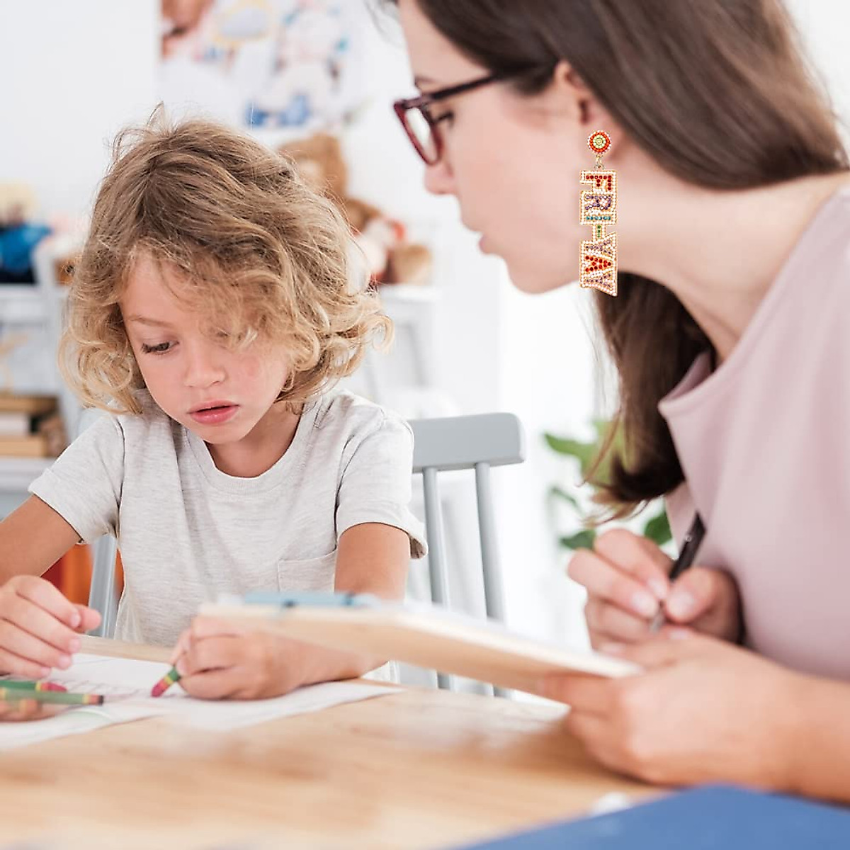 Teacher Earrings for Women Beaded Dangle Earrings Colorful Rhinestone Back To School Teacher Dangle Earrings Teacher Appreciation Gifts (FRI-YAY)