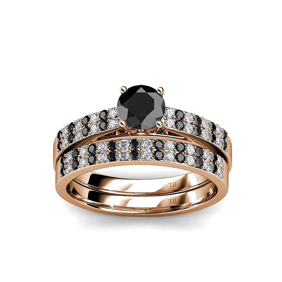 Black & White Natural Diamond Double Row Bridal Set Ring & Wedding Band 1.70 ctw 14K Rose Gold.size 9.0