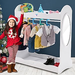 JOYLDIAS Kids Dress Up Storage with Mirror, Kid Armoire W/Side Hook Pockets, Pretend Storage Closet for Kids, Costume Dress-up Wardrobe W/Top Shelf Shoes Storage for Bedroom Girls Room, White