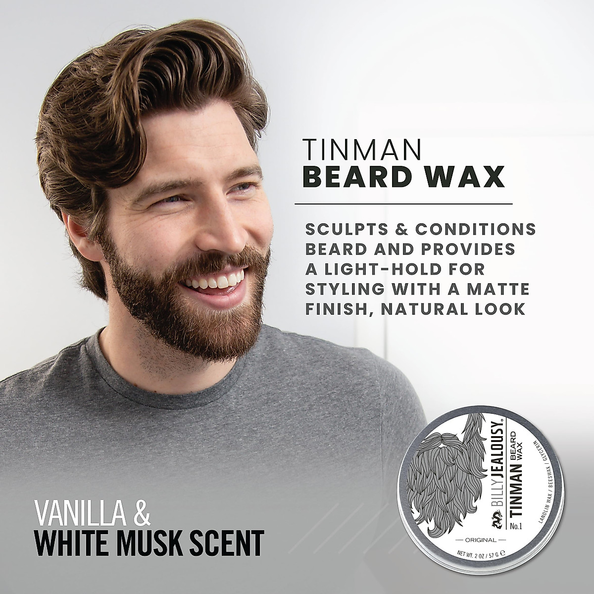 Billy Jealousy Tinman Beard Wax with Light Hold & Matte Finish, Nourishing Beard Care Product Formulated with Natural Beeswax & Glycerin for Soft, Tamed Facial Hair, 2 Oz