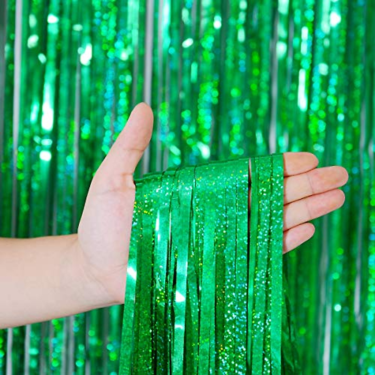 Foil Fringe Curtains Party Decorations - Melsan 3 Pack 3.2 x 8.2 ft Tinsel Curtain Party Photo Backdrop for Birthday Party Baby Shower or Graduation Decorations Green