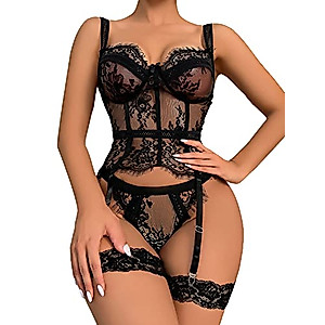 SOLY HUX Women's 3 Piece Floral Lace Garter Lingerie Bra and Panty Set Black L