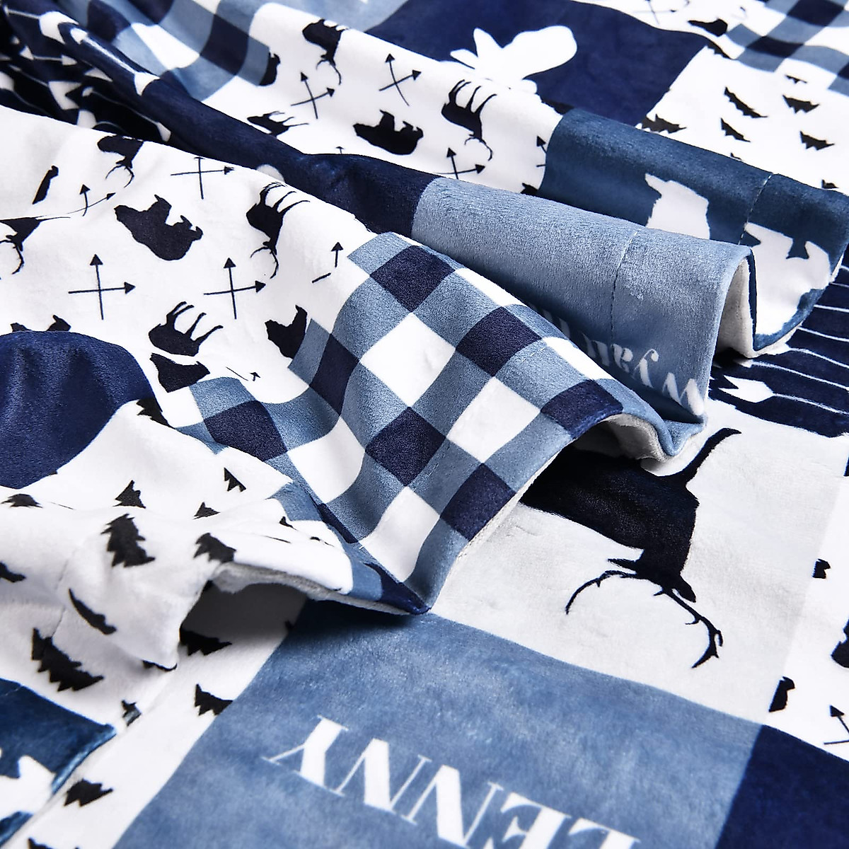 Woodland Deer Personalized Minky Fleece Baby Blanket with Name, Custom Deer Bear Baby Blankets for Boys Kids, Birthday Gifts, Deer Blankets for Infant Newborn, Soft and Warm Navy Blue Blanket