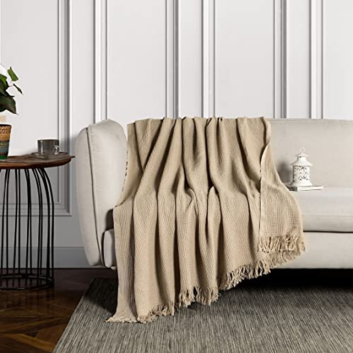 ANVI HOME Cotton Woven Throw Blanket with Tassels, Summer Lightweight Breathable, Soft, Boho, Poncho for Dorm Room, Bed, Sofa, Couch, Travel, Gift, 50x60 Inch, Brown/Tan