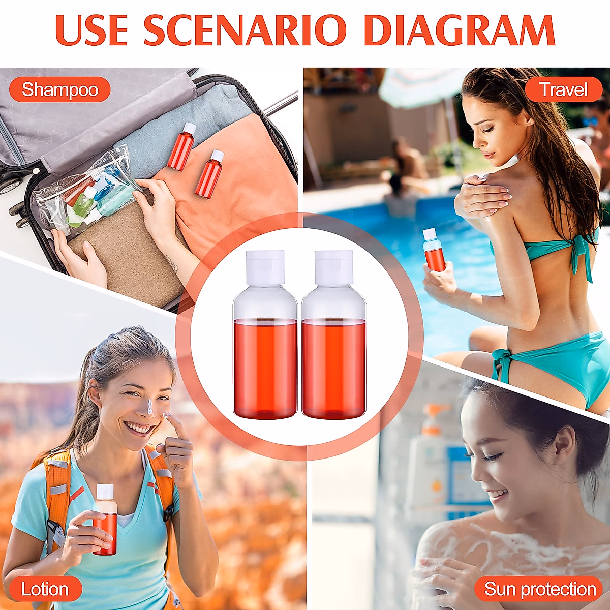 100 Pack 2 oz Travel Bottles Plastic Bottles with Lids Travel Size Cover Cap Plastic Travel Size Bottles Refillable Dispensing Bottles with 5 Funnels Liquid Lotion for Travel(Clear)