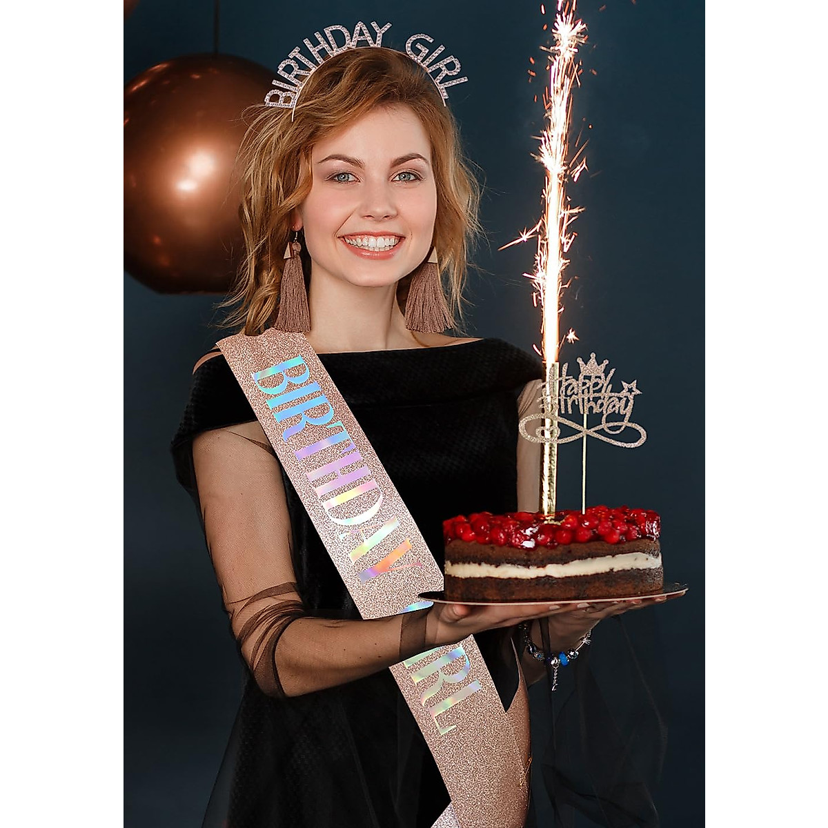 DOCOONIVER Rose Gold Birthday Headband for Women,Birthday Girl Sash and Crown for Girls and Women,Birthday Gift for Her,Happy Birthday Cake Topper,Accessories for Birthday Decorations.