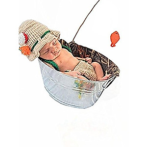 Pinbo Baby Photography Prop Crochet Fishing Fisherman & Fish Hat Diaper Shoes