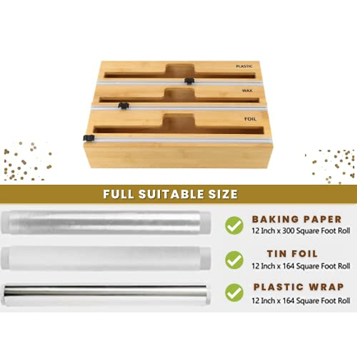FORTBIT Foil and Plastic Wrap Organizer with Cutter - 3in1 Natural Bamboo Wooden Plastic, Wax, Parchment, Aluminum Foil and Plastic wrap Dispenser with Cutter - 12" Kitchen Wrap Dispenser for Drawer