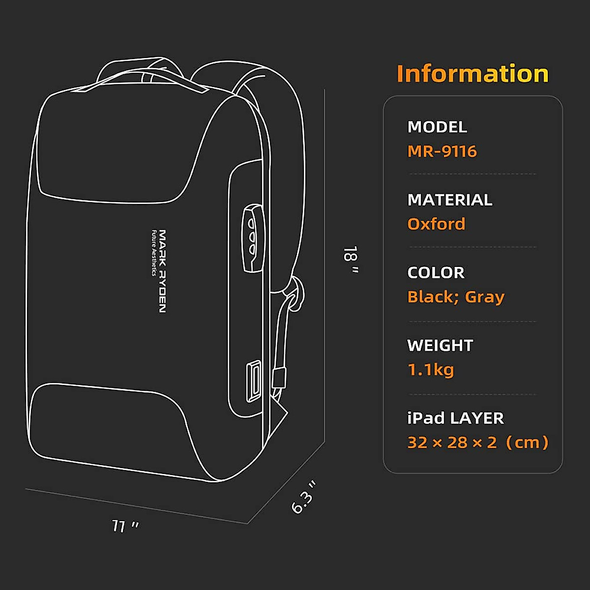 Anti-Theft Backpack,MARK RYDEN Business Waterproof Backpack For Men College Travel Flight with USB Port Charging ＆TSA Lock Fits For 15.6 Inch Laptop,Black