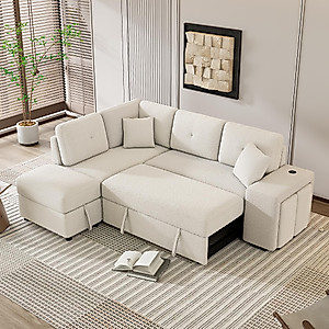 Olodumare 87.7" L-Shaped Sectional Pull Out Sofa Bed Sleeper Sofa,Corner Sofa with Storage Ottoman,2 Throw Pillows,2 Stools,Wireless Charger and Two Hidden USB Ports for Living Room,Small Space,Cream