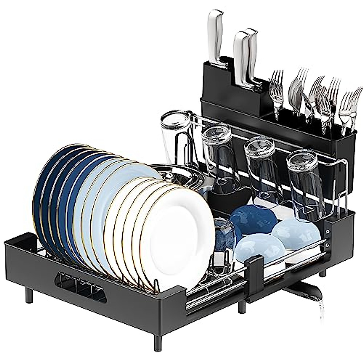 ROTTOGOON Expandable Dish Drying Rack, Stainless Steel Rustproof Dish Rack for Kitchen Counter, (12.8"-19.1") Dish Drainer with Drainage, Utensil Holder, Cup Holder for Various Kitchenware, Black