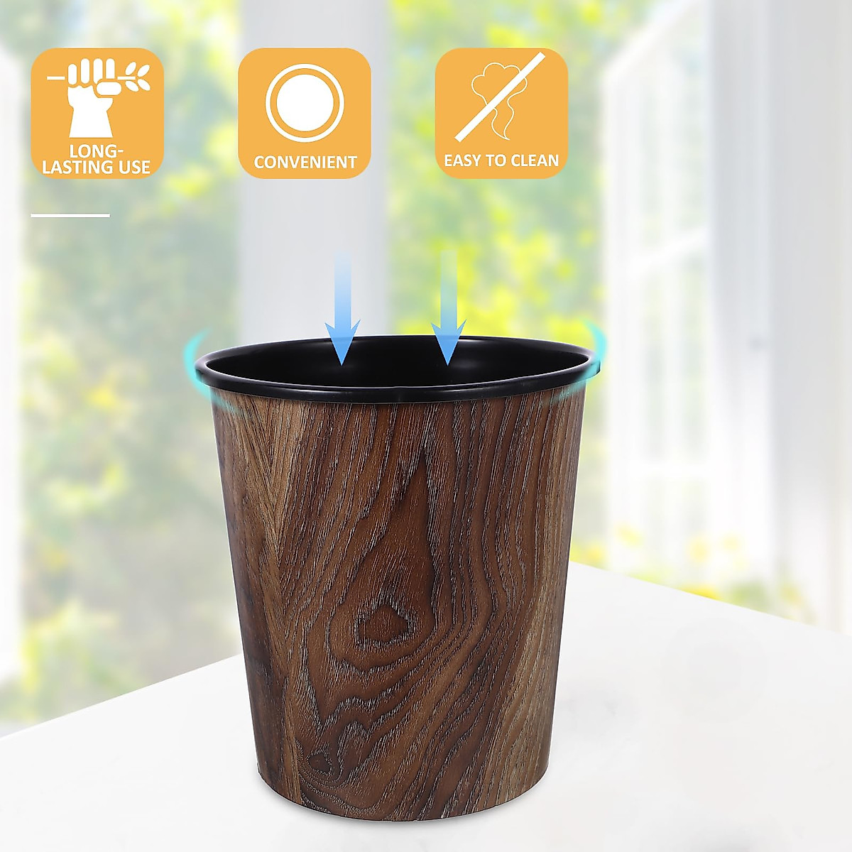 WOFASHPURET Plastic Trash Can, Vintage Small Trash Can, 1.83 Gallon Plastic Round Wastebasket Imitation Wood Grain Garbage Bin Brown Open Top Garbage Can for Office, Living Room, Hotel, Bathroom