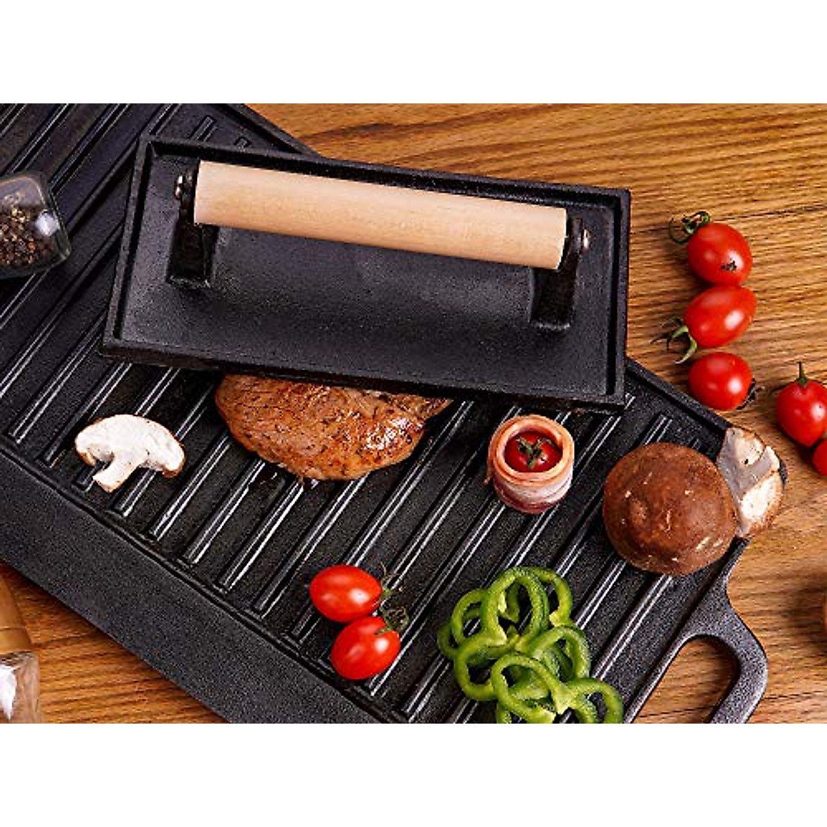 9 Inches Cast Iron Grill Press, Steak Weight Bacon Press with Wood Handle Pre-Seasoned Rectangular Barbecue BBQ Hamburger Sausage Panini Meat Griddle Press