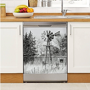 Rustic Farmhouse Dishwasher Magnet Cover Old Irrigation Pump Windmill Magnetic Refrigerator Stickers Decorative Appliance Cover Fridge Panels Metal Door Garage 23x26in