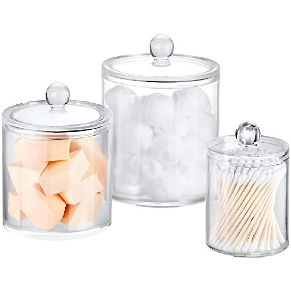Marathon Studios Qtip Holder Dispenser Acrylic Clear 3 Pack for Cotton Swabs/Cotton Balls/Cotton Rounds, Bathroom Accessories Apothecary Jars Vanity Organizer, Bathroom Canisters - 30 oz/20 oz/10 oz