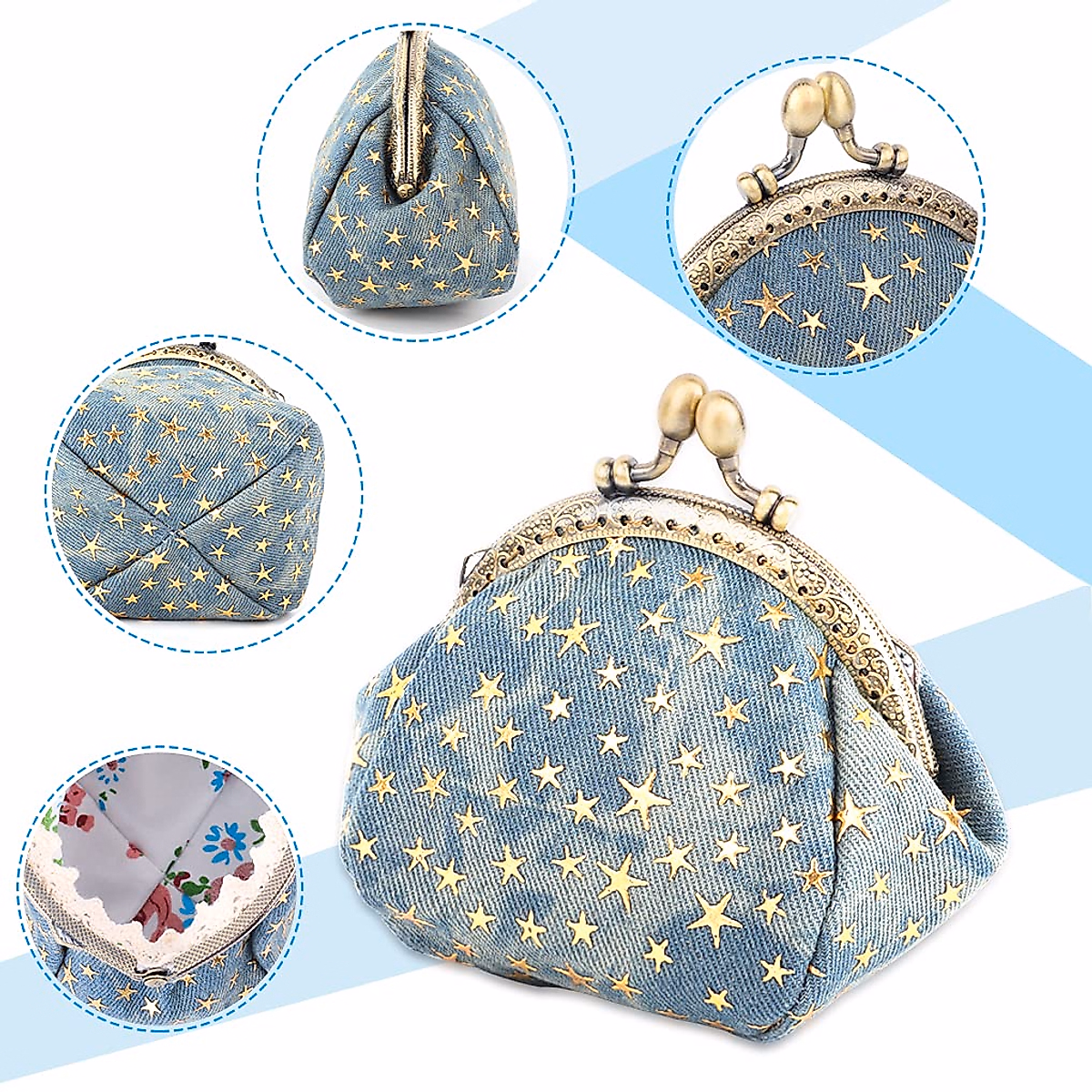 Oyachic Five Pointed Star Coin Purse Denim Change Pouch Wallets Buckle with Kisslock Clasp Coin Holder Clutch Handbags for Women Ladies,Blue