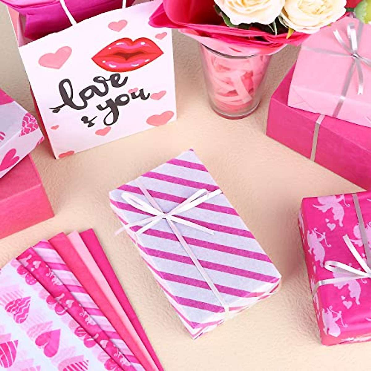 Kavoc 60 Sheets Huge Size Valentines Day Tissue Bulk, 20 x 30 inch Hot Pink Rose Red Love Heart Cupid Tissue Paper for Gift Wrapping, Gift Bags, Valentine's Day, Mother Plot, Birthday Party