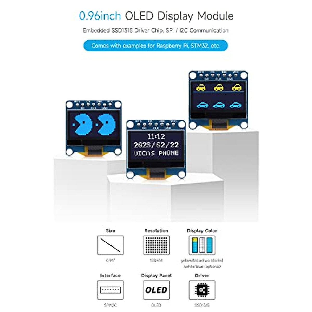waveshare 0.96inch OLED Display Module, 128×64 Resolution, SPI / I2C Communication, White Version