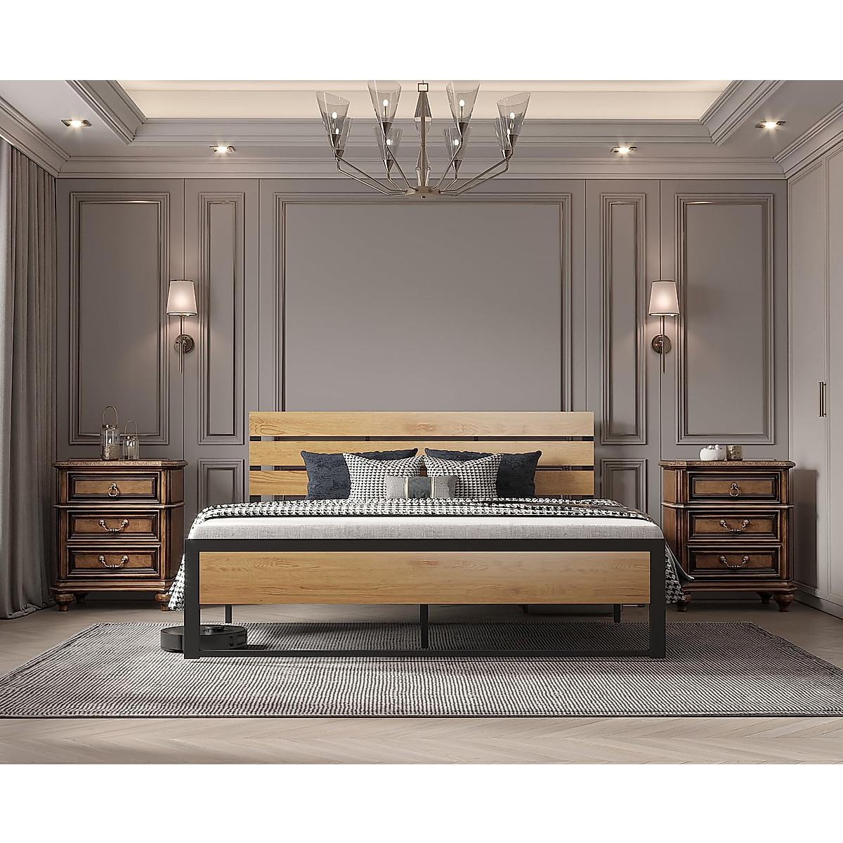 BONSOIR King Size Bed Frame Steady Steel Platform with Wood Headboard/Footboard,No Box Spring Needed, Easy Assembly, Squeaking Free (King Size)