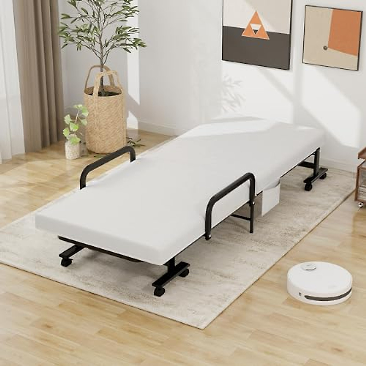 KOMFOTT Folding Rollaway Bed with Mattress for Adults, Portable Guest Bed with 6 Positions Adjustable Backrest, Foldable Reinforced Steel Frame Rolling Bed with Side Storage Pocket (75.5" x 30")