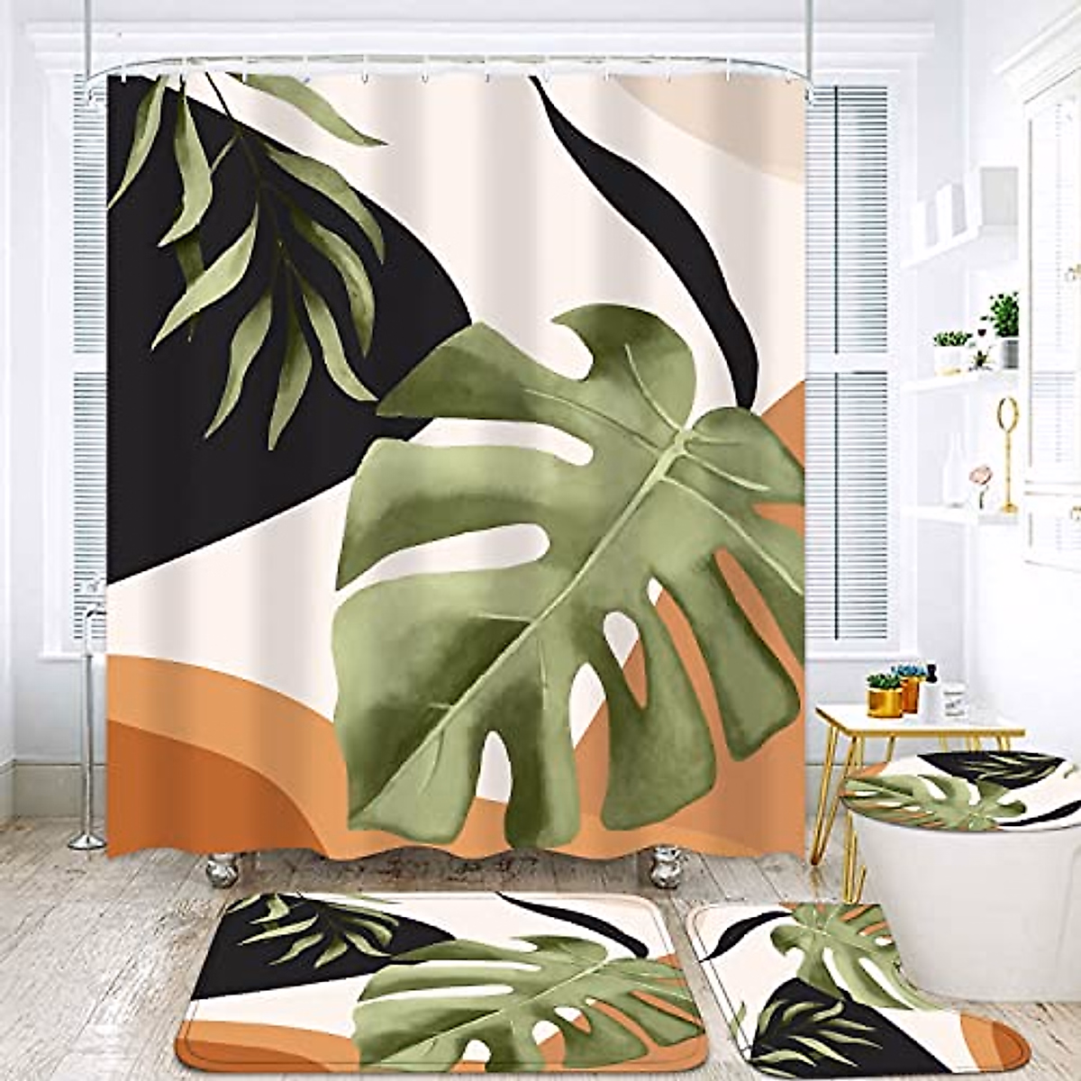 FZDHHY Abstract Tropical Shower Curtain Set Palm Leaf Botanical Bathroom Curtain Set Waterproof Bathtub Curtain with Bathroom Carpet Bath Mat Toilet Rugs