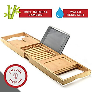 Luxury Bathtub Tray Caddy - Foldable Waterproof Bath Tray & Bath Caddy - Wooden Tub Organizer & Holder for Wine, Book, Soap, Phone Luxury Gift For Men & Women - Expandable Size, Fits Most Tubs Home It