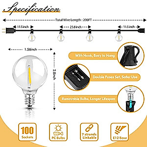 Brightever 200FT Outdoor String Lights Dimmable LED Outside Patio Lights with 100+4 Shatterproof G40 Globe Edison Bulbs, Connectable Commercial String Hanging Lights for Backyard Party Porch Garden