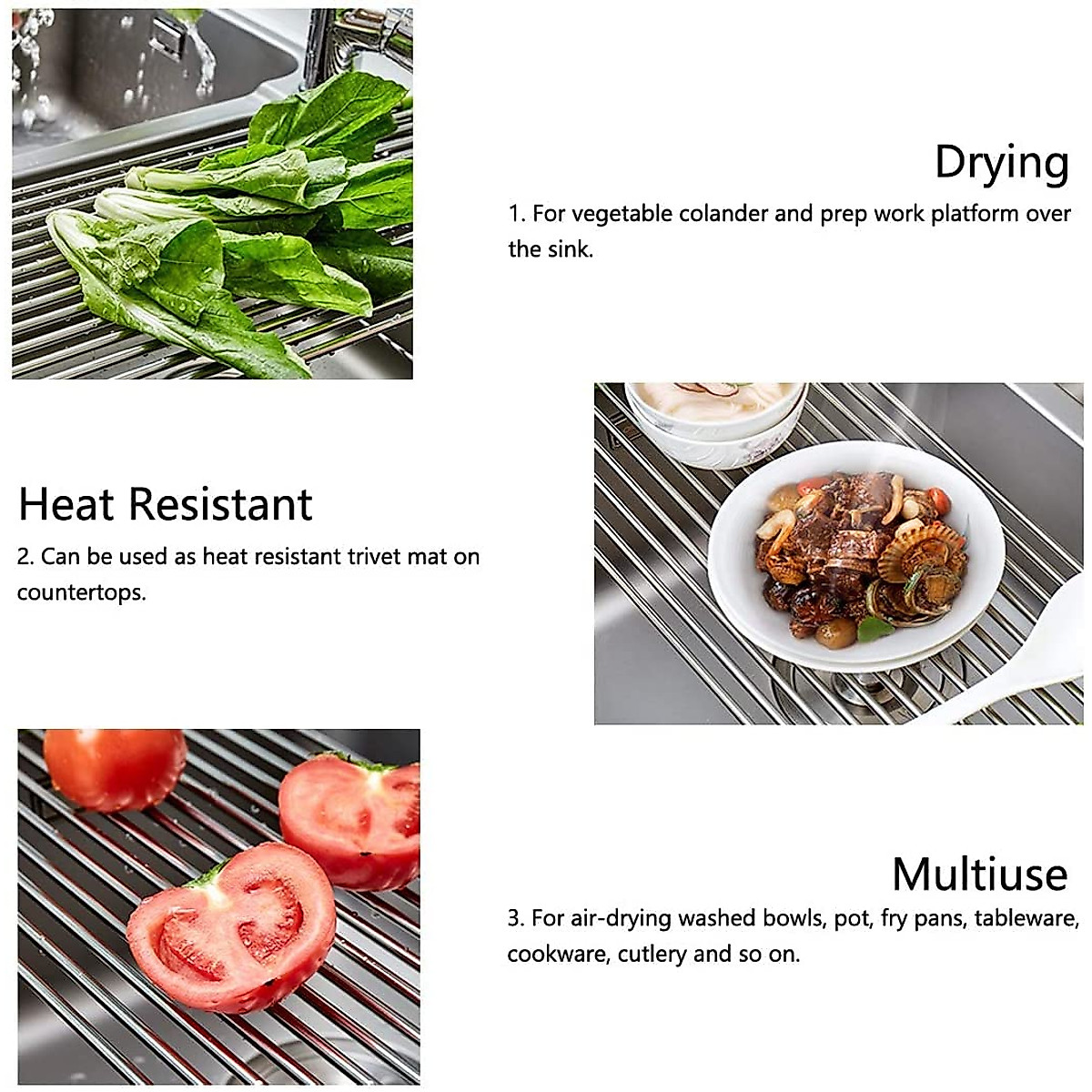 Dullrout Roll Up Dish Drying Rack 17.8 inch x 11.2 inch, Over The Sink Dish Drying Rack, Rollable Stainless Steel Sink Rack for Kitchen Organization, Foldable/Heat-Resistant/Easy to Store